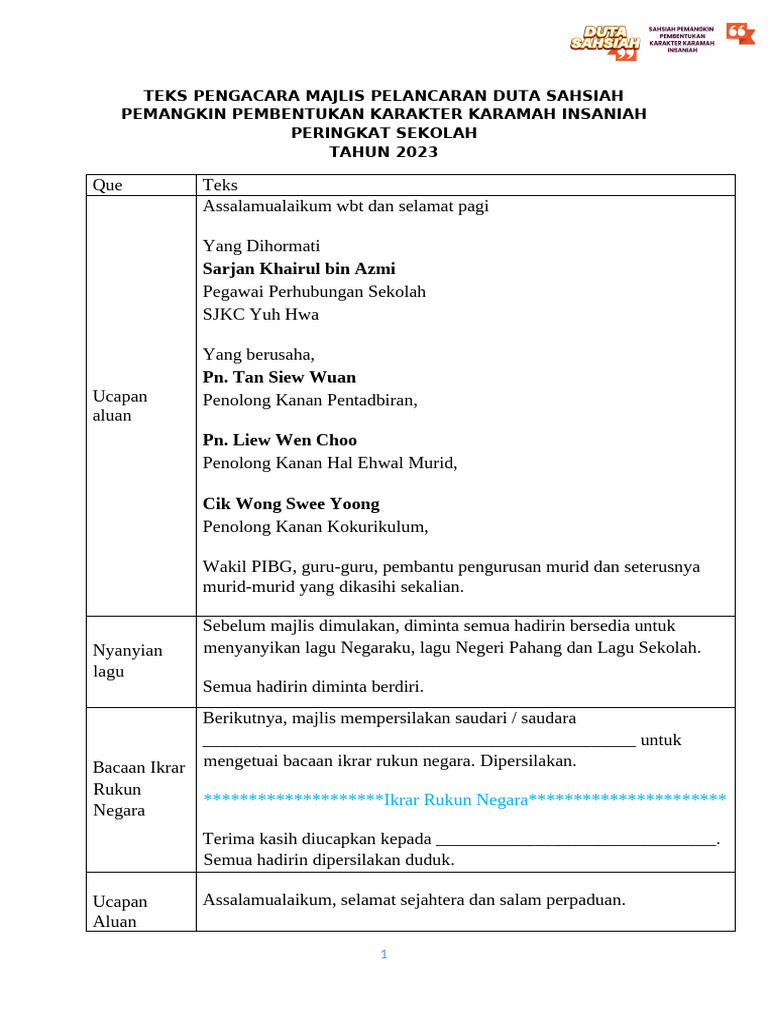 TEKS PENGACARA MAJLIS PELANCARAN Duta Sahsiah | PDF
