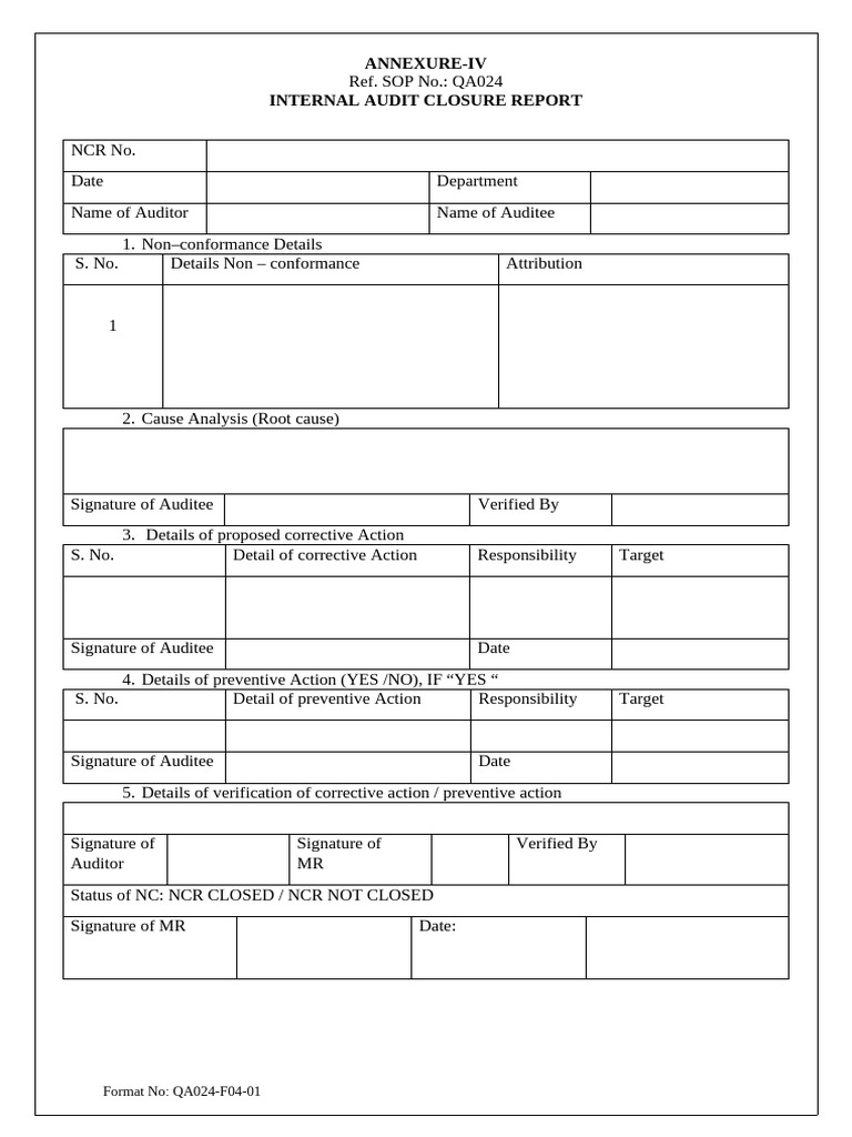 Internal Audit Closure Report Format | PDF