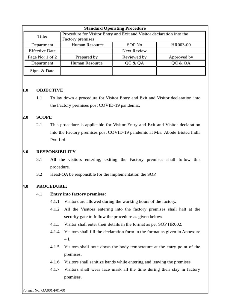 Visitor Entry and Exit SOP | PDF | Pandemic