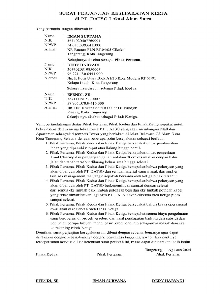 Surat Perjanjian Kerja (Dedi-Eman-Pendi) 2 | PDF