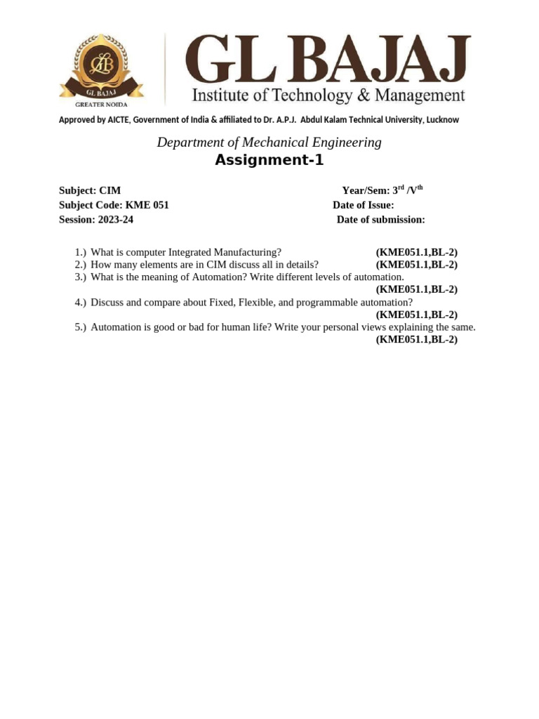 CIM Assignment for Mechanical Engineering | PDF