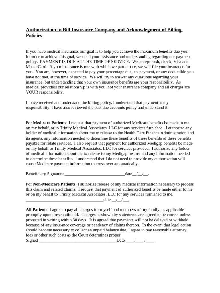 Authorization To Bill Insurance Company | PDF | Medicare (United States ...