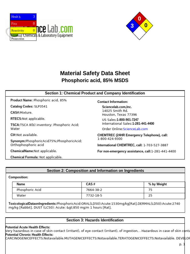 Msds Phosphoric Acid | PDF | Dangerous Goods | Toxicity
