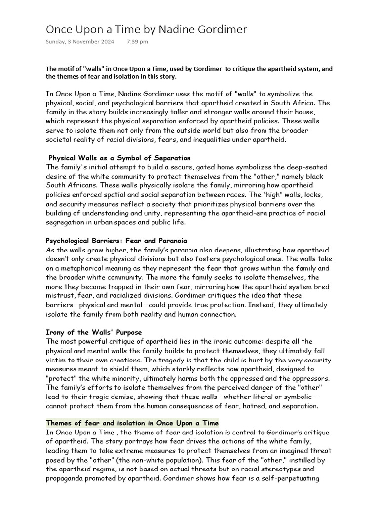 Once Upon A Time by Nadine Gordimer | PDF | Apartheid | Existentialism