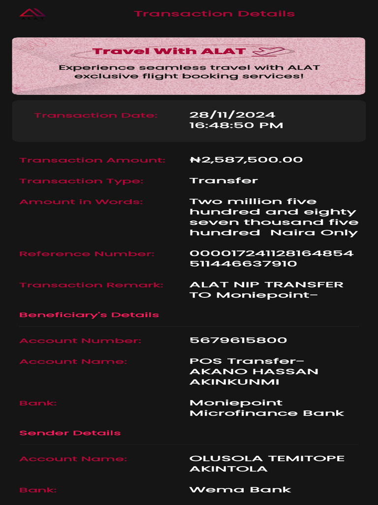 ALAT Transfer Receipt - POS Transfer - AKANO HASSAN AKINKUNMI ...