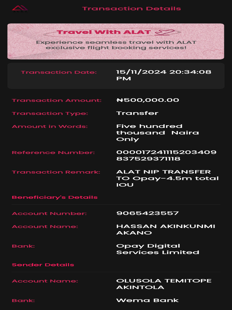 ₦500,000 ALAT Transfer Details | PDF