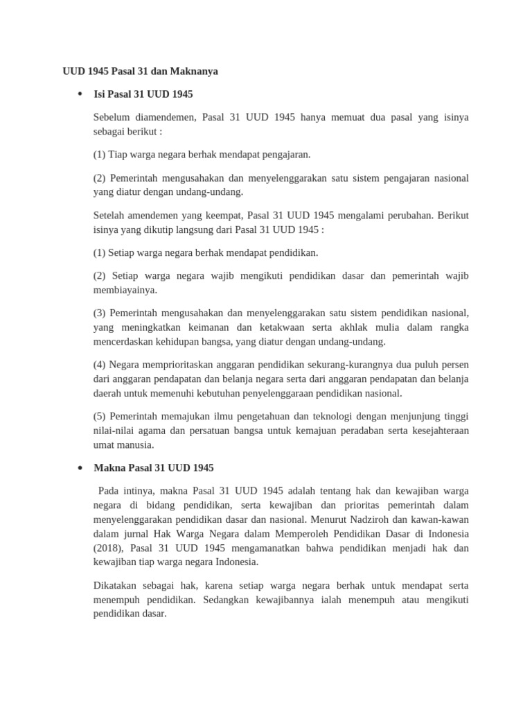 UUD 1945 Pasal 31 Dan Maknanya | PDF