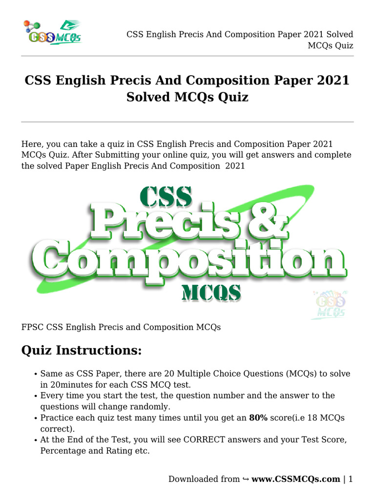 CSS English Precis and Composition Paper 2021 Solved MCQs Quiz | PDF | Multiple Choice ...