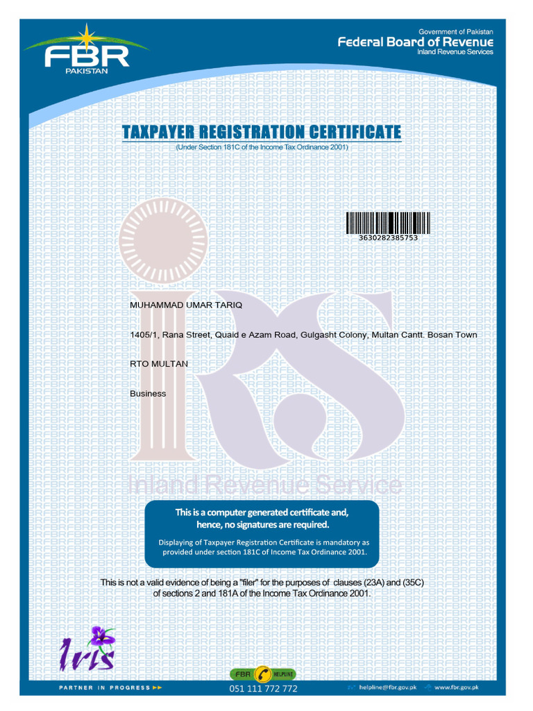 TaxPayer Registration Certificate 1 | PDF