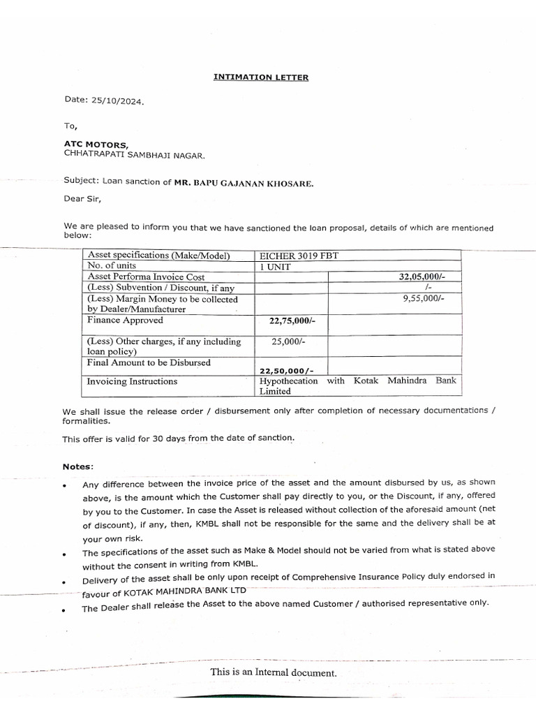 Intimation Letter | PDF
