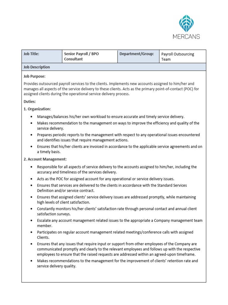 Job Description | PDF | Outsourcing | Payroll