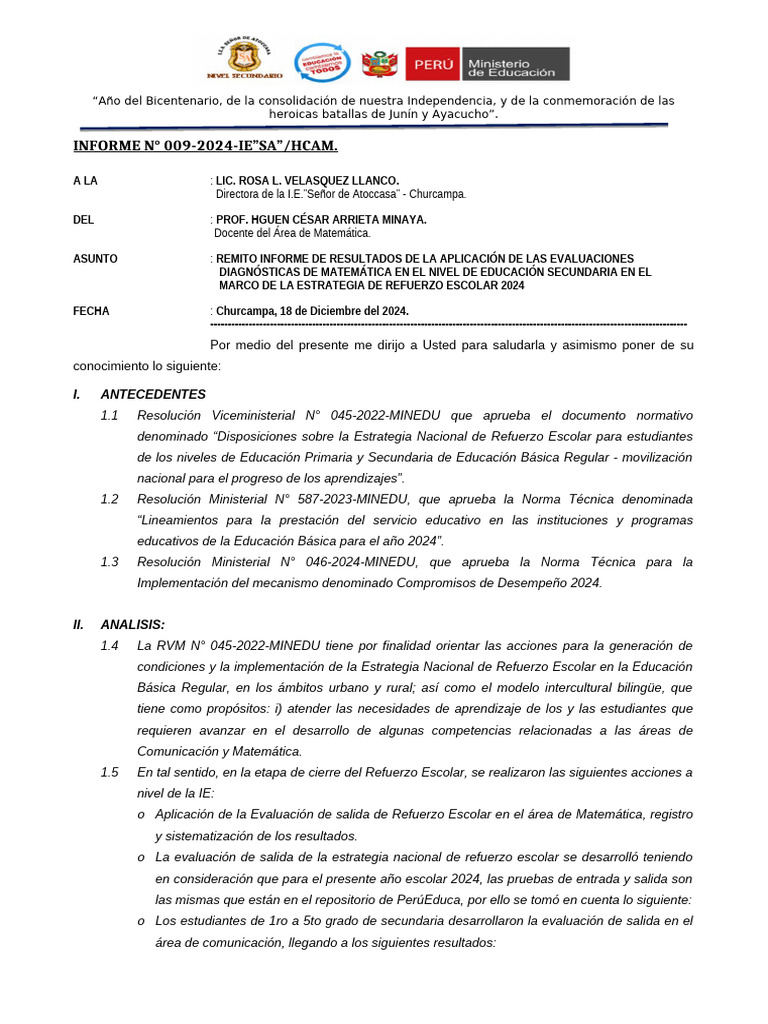 INFORMES final de matematica 2024 | PDF | Aprendizaje | Evaluación