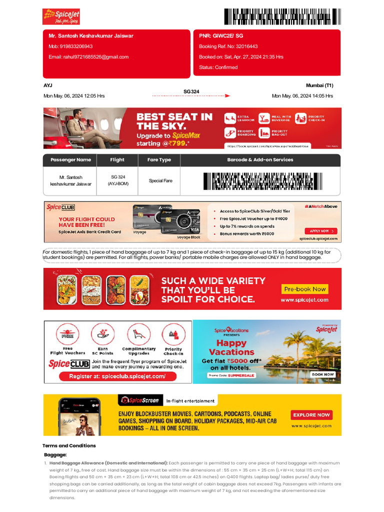SpiceJet Flight Booking Details & Policies | PDF | Credit Card | Airport