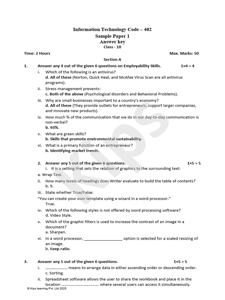 IT 402 - Answer Key 10 - Sample Paper - 1 | PDF | Databases | Spreadsheet