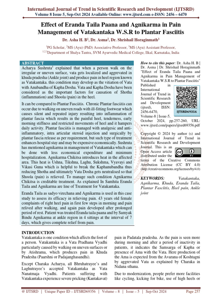 Effect of Eranda Taila Paana and Agnikarma in Pain Management of Vatakantaka W.S.R To Plantar ...