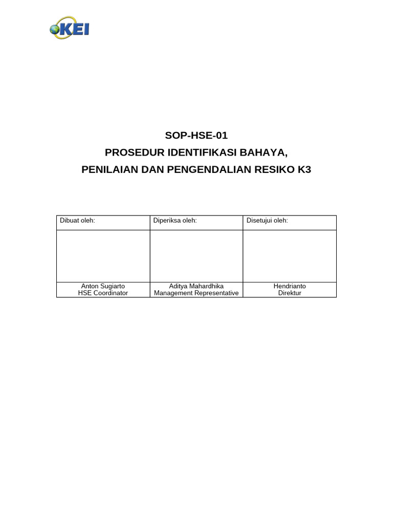 SOP-HSE-01 Prosedur Identifikasi Bahaya, Penilaian Dan Pengendalian Resiko K3 Rev.01 | PDF