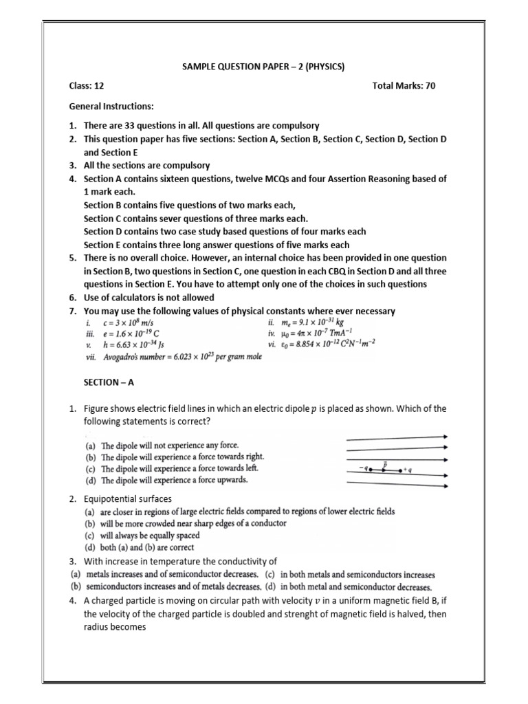 Sample Question Paper - 2 (Physics) | PDF | Photoelectric Effect | Electron