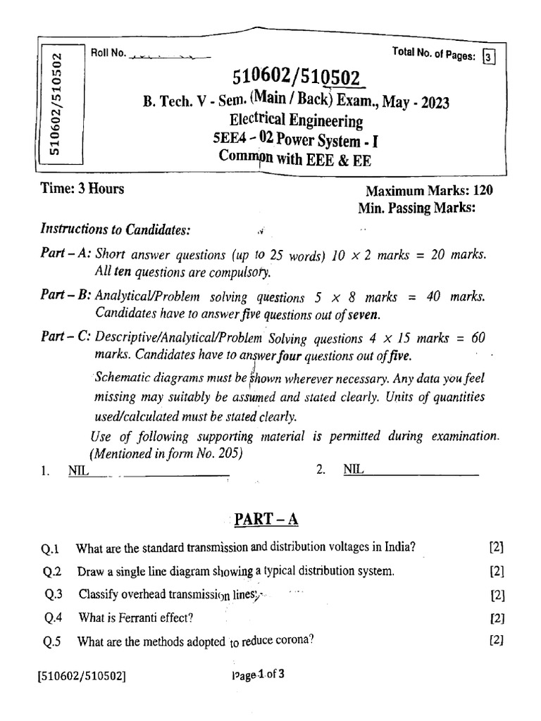 Btech Ee Eee 5 Sem Power System 1 510602 May 2023 | PDF