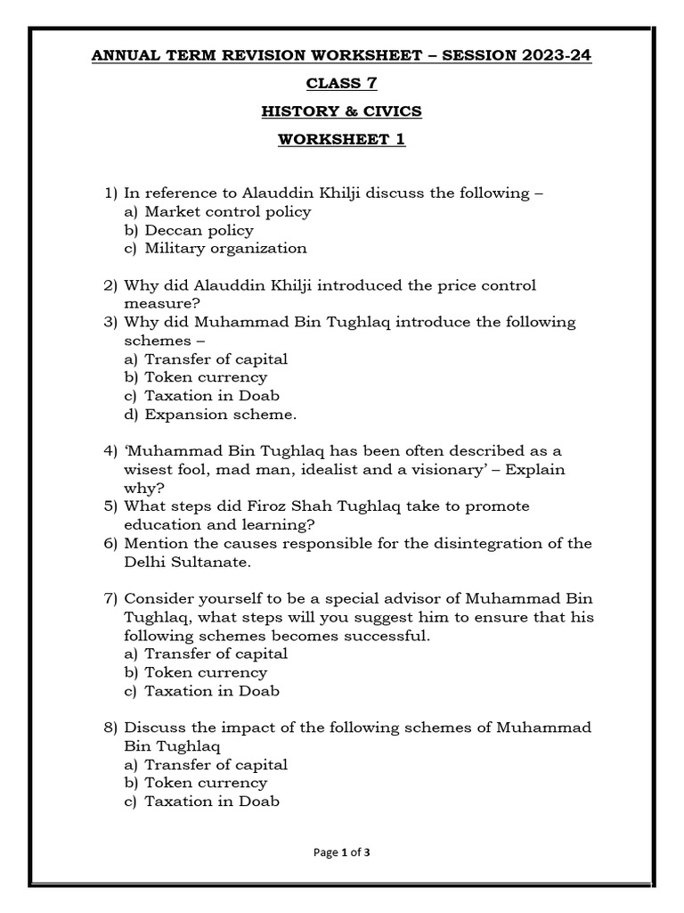 Class 7 History & Civics Worksheet 1 - Final Term | PDF