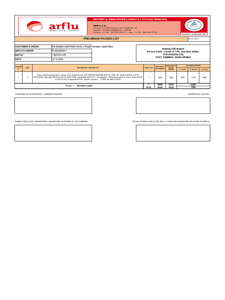 Preliminar Packing List for Valve Shipment | PDF | Equipment | Plumbing