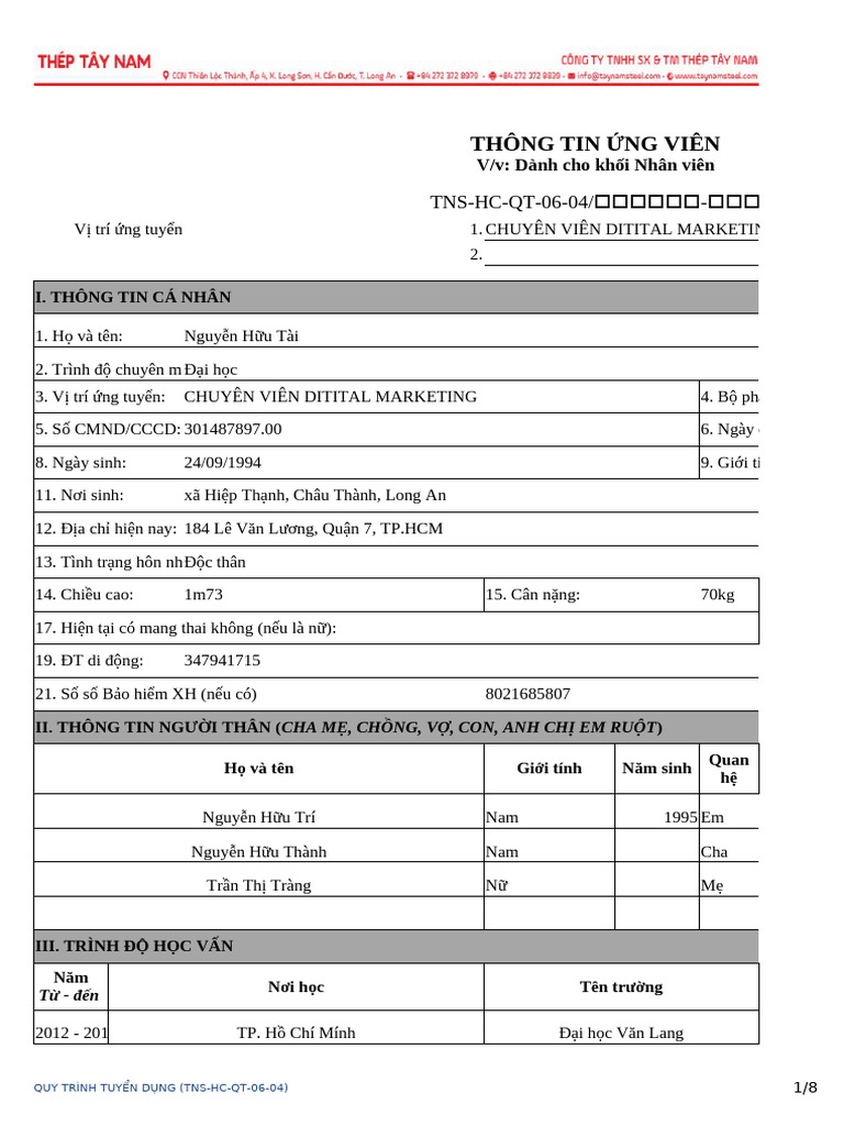 Tns-hc-qt-06-04 Phieu Thong Tin Ung Vien | PDF