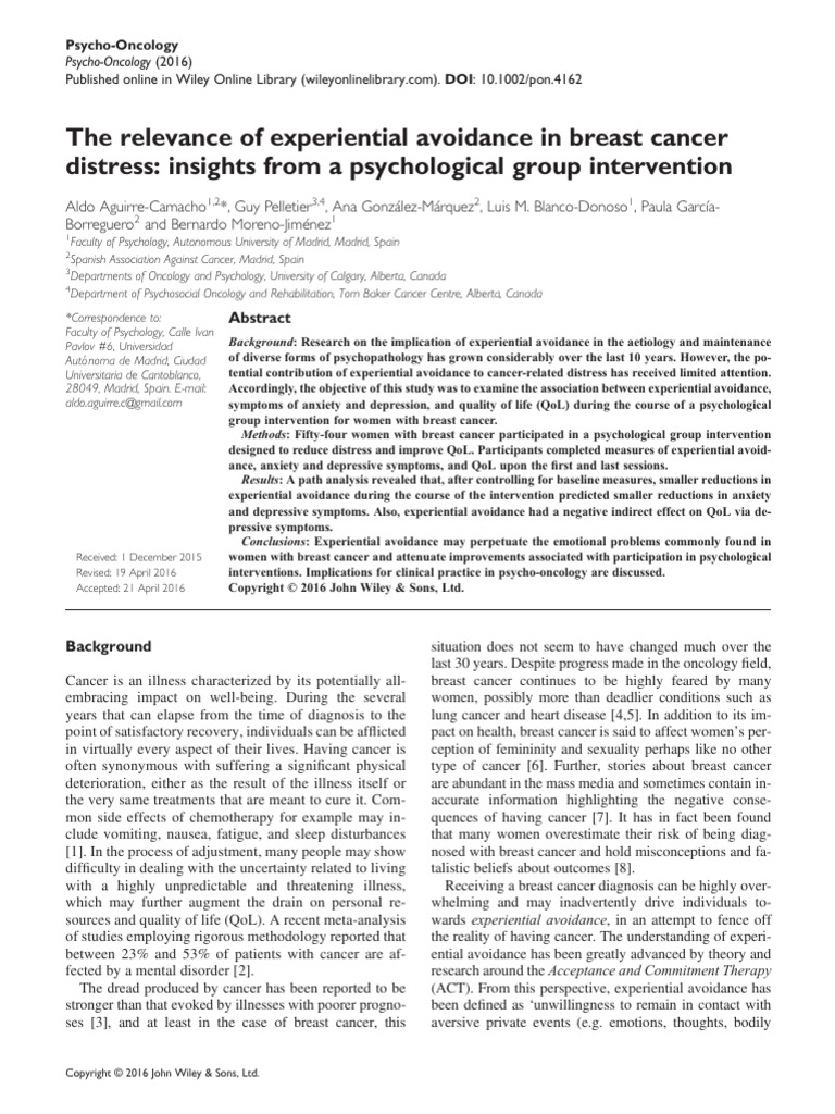 6.the Relevance of Experiential Avoidance in Breast Cancer Distress ...