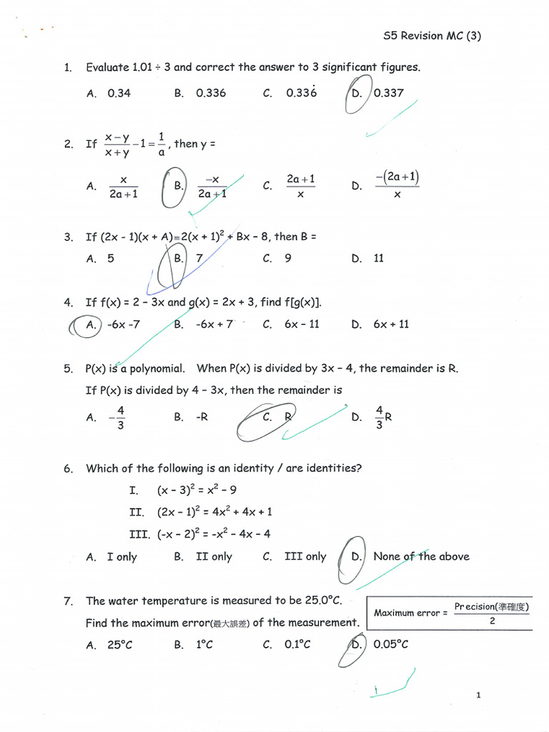 S5 Maths Rev MC 3 ANS | PDF