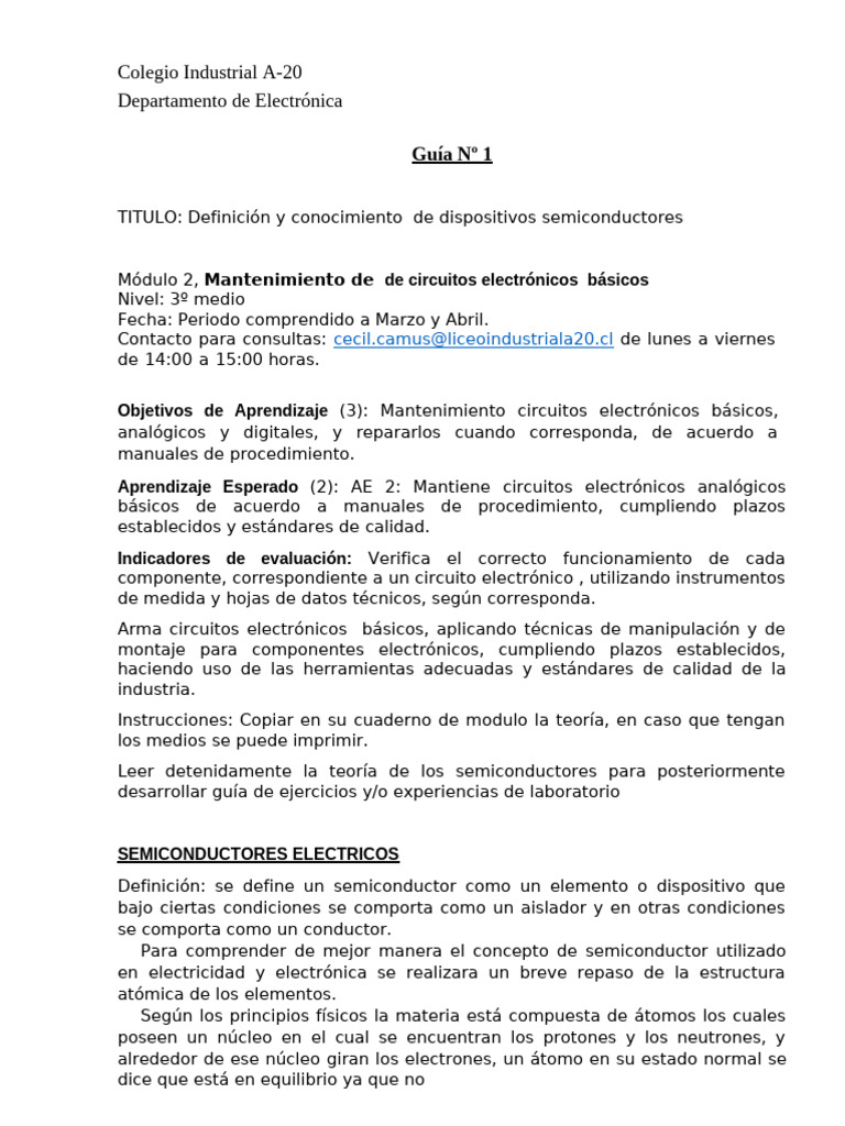 Guía-1-Electrónica-3°-Mantenimiento - De-Circuitoa-Eléctricos Basicos | PDF | Semiconductores ...