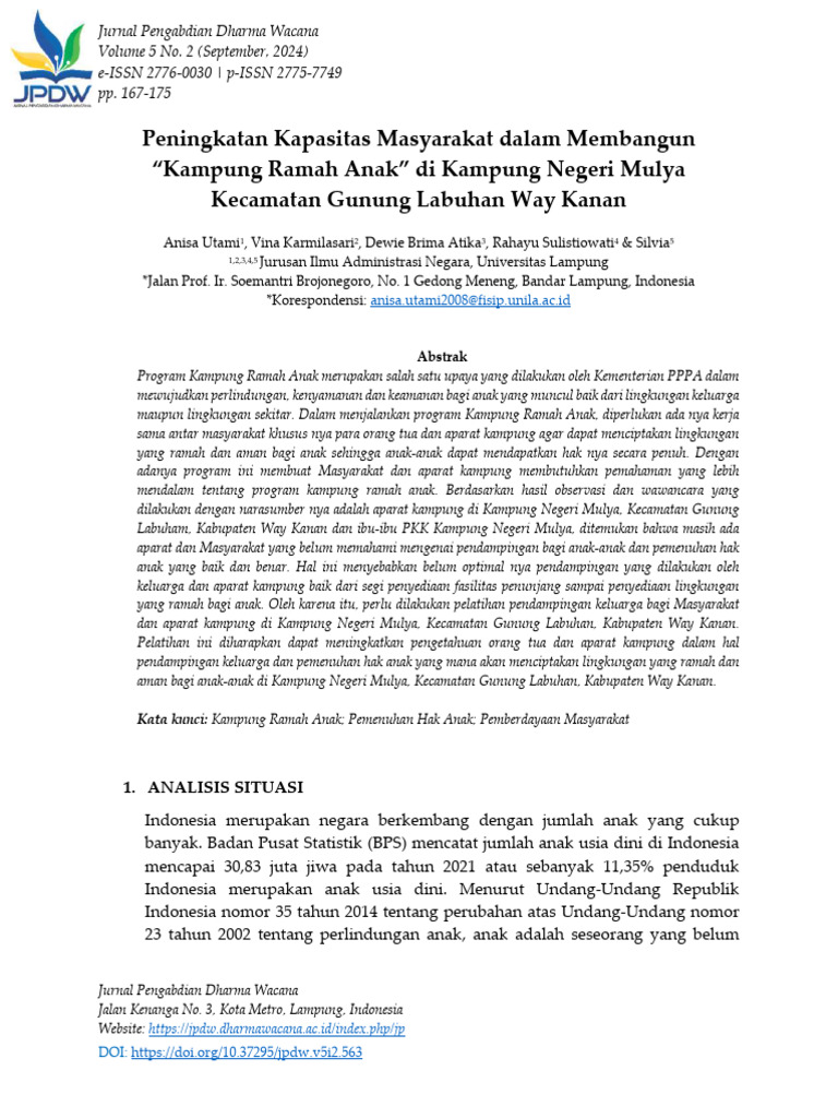 Peningkatan Kapasitas Masyarakat Dalam Membangun "Kampung Ramah Anak ...