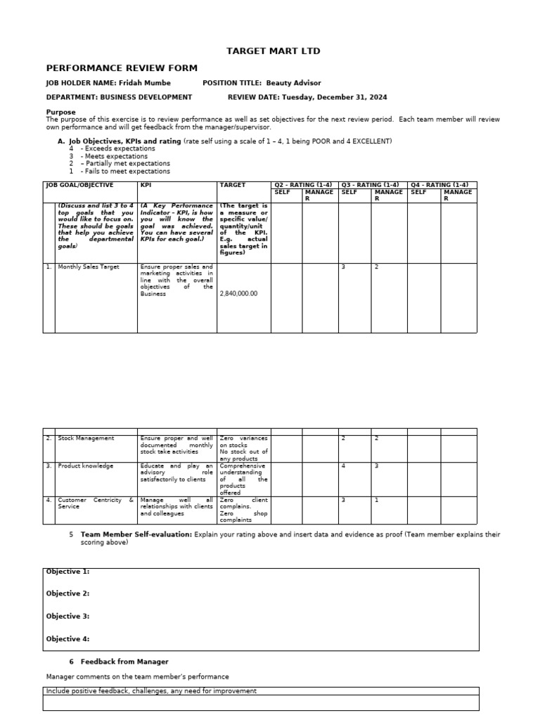 Performance Review Form - Fridah Mumbe Mutua- Q4 2023 | PDF ...