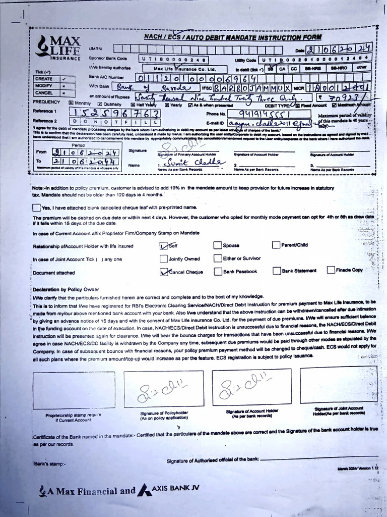 NACH Direct Debit Mandate Form | PDF | Cheque | Banks