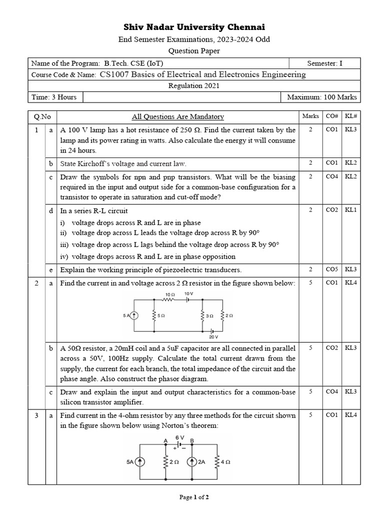 B.Tech CSE IoT Electrical Engineering Exam | PDF | P–N Junction | Electronic Circuits