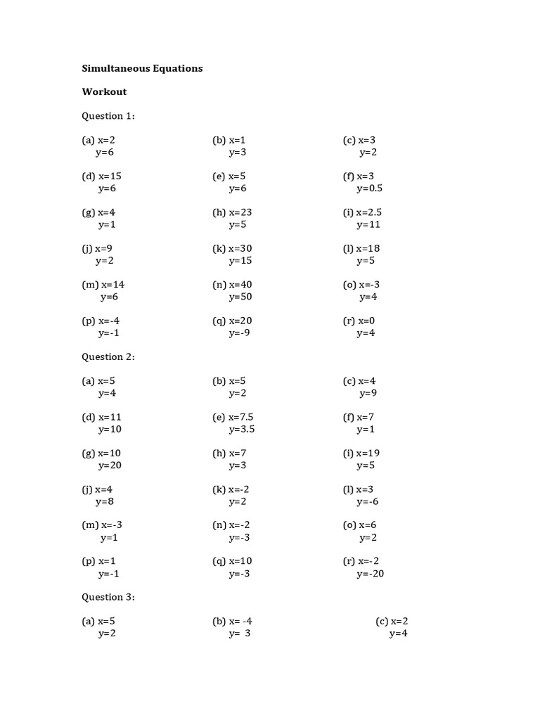 Simultaneous Equations Answers | PDF