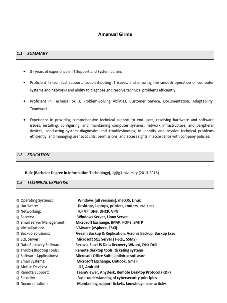 Amanual Girma CV2024 | PDF | Computer Network | Microsoft Exchange Server