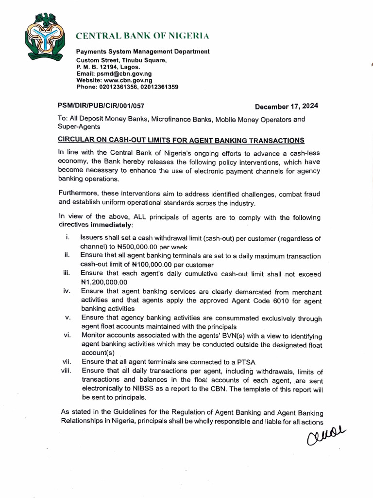 Circular On Cash-Out Limits For Agent Banking Transactions | PDF ...