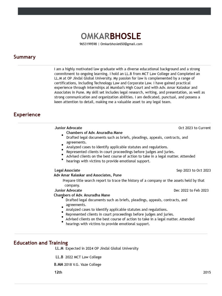 Resume Omkar Bhosle | PDF | Advocate | Brief (Law) Resume Omkar Bhosle | PDF | Advocate | Brief (Law)