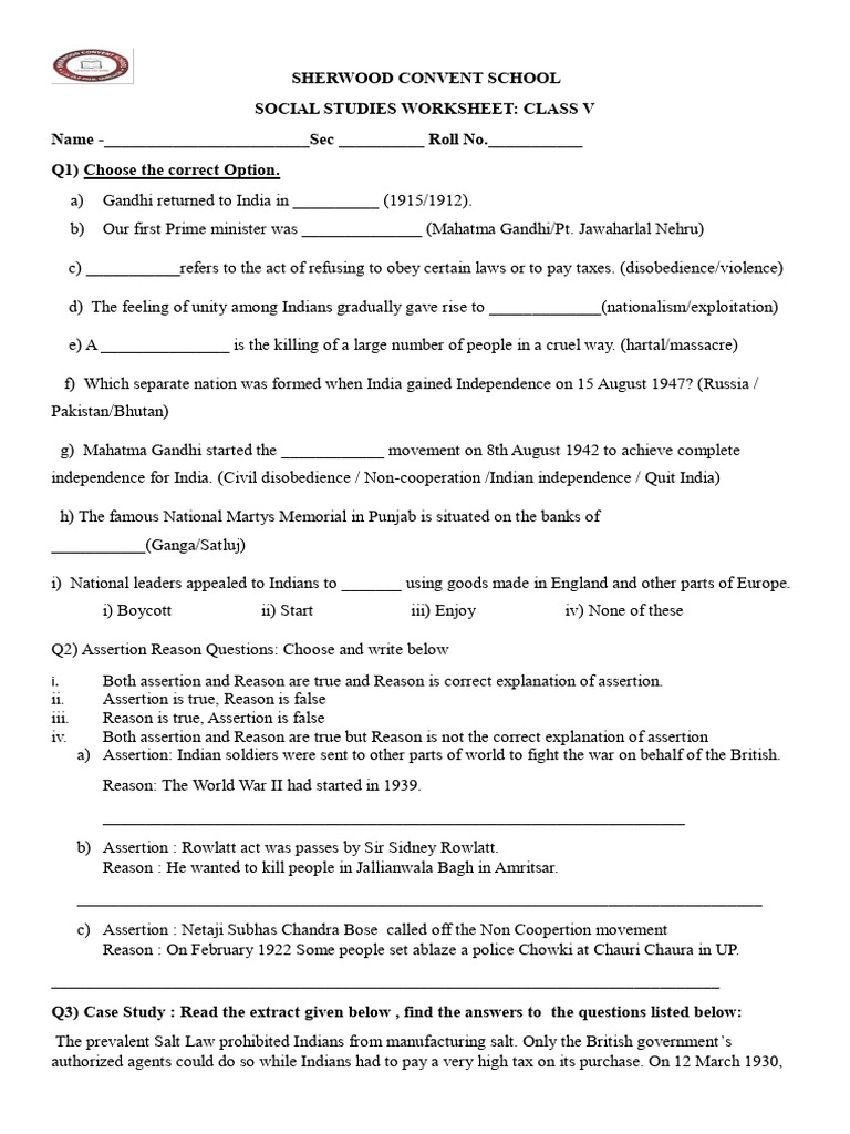 Class V SSt Worksheet -Dec 2024 | PDF | Mahatma Gandhi | Indian ...