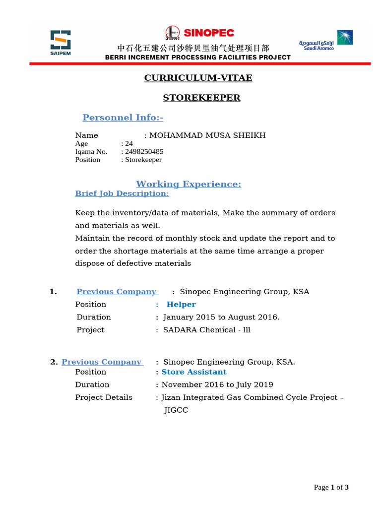 Storekeeper CV of Mohammad Musa Sheikh | PDF | Inventory | Business