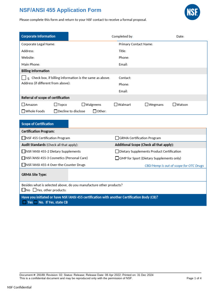 NSF/ANSI 455 Certification Application Form | PDF | Toiletry