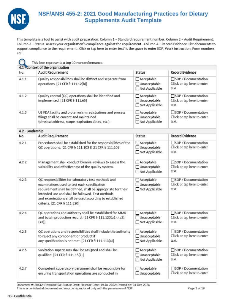 Dietary Supplements GMP Audit Template | PDF | Waste | Audit