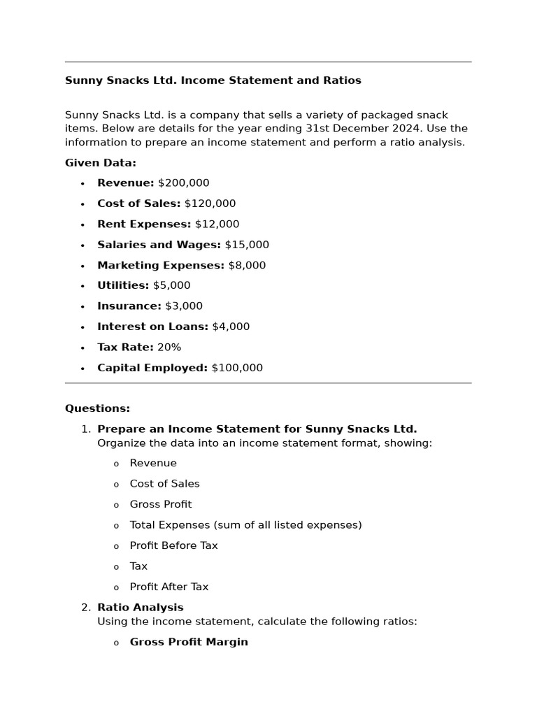 Sunny Snacks Ltd. Income Statement & Ratios | PDF