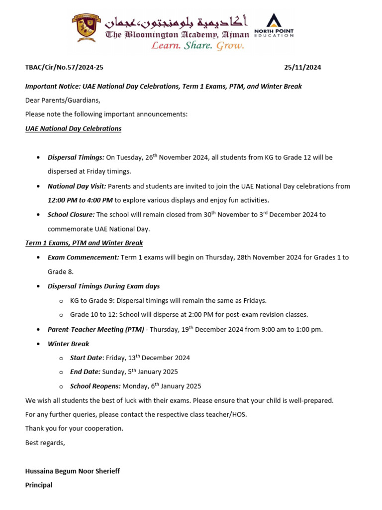 UAE National Day & Exam Schedule 2024 | PDF