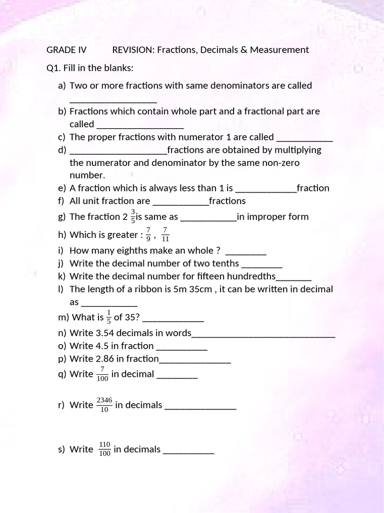 GRADE IV REVISION Fraction and Decimals | PDF | Decimal | Mathematical ...
