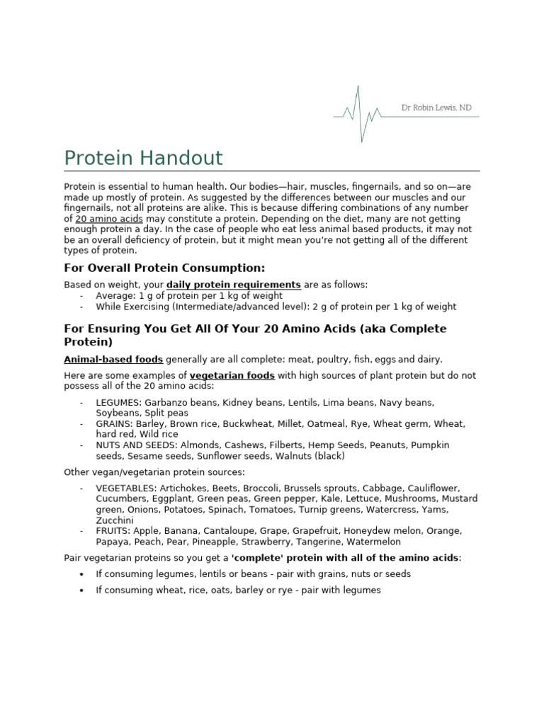 Protein Handout - Vegetarian - Vegan | PDF