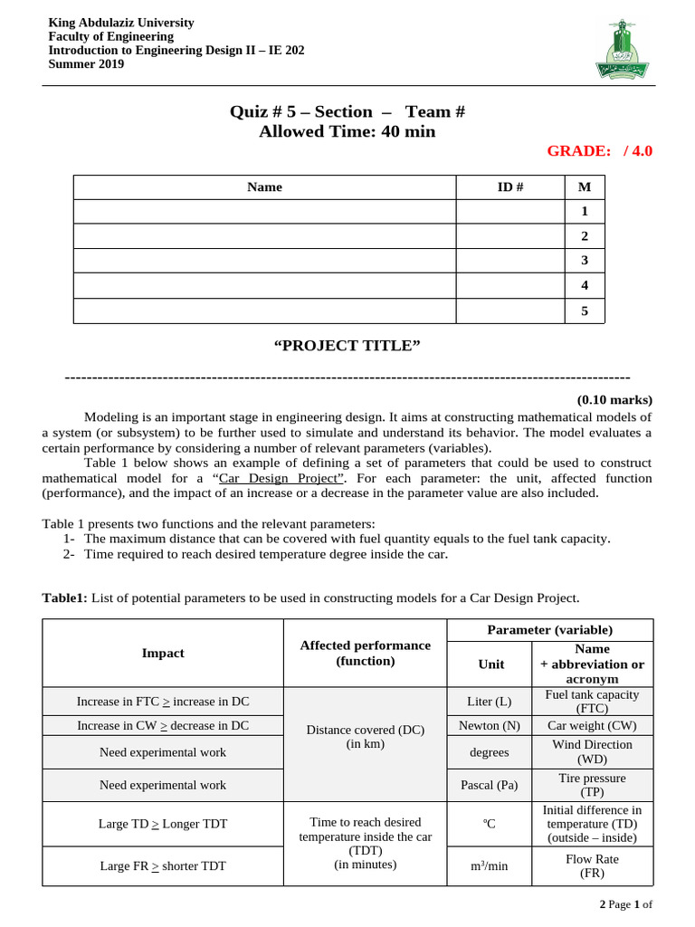 IE 202 Quiz 5 Summer 2019 | PDF | Mathematical Model | Function (Mathematics)