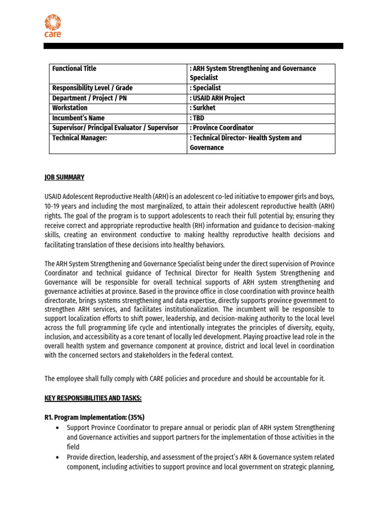 JD - CARE ARH System Strengthening Specialist 1 | PDF | Governance ...