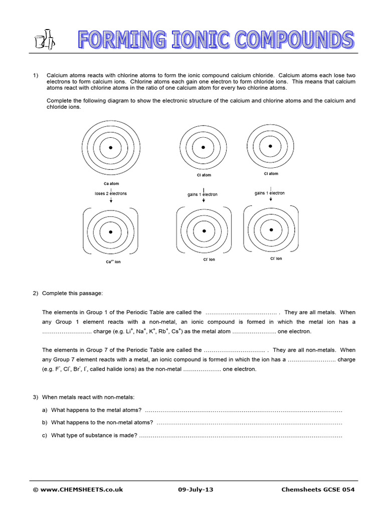 Chemsheets GCSE 054 Forming Ionic Compounds | PDF | Chlorine | Ion