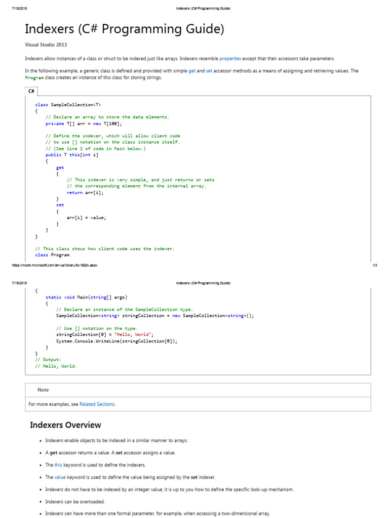 Indexers (C# Programming Guide) | PDF | C Sharp (Programming Language) | Computer Science