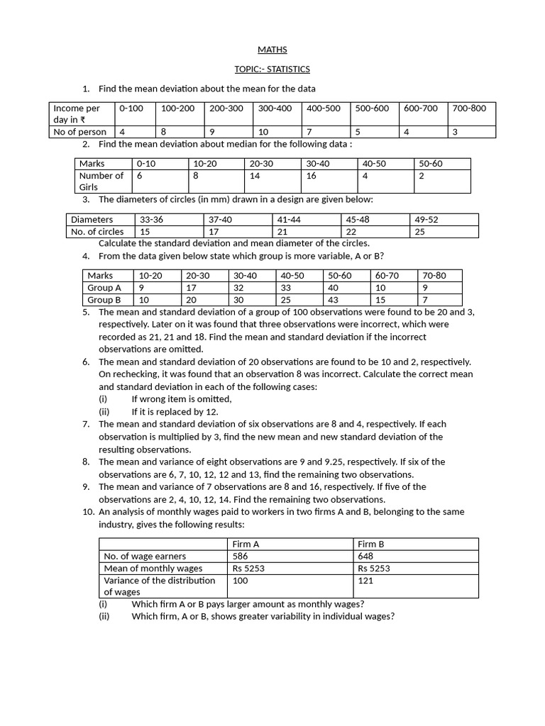 Maths Statistics Pdf Mean Standard Deviation