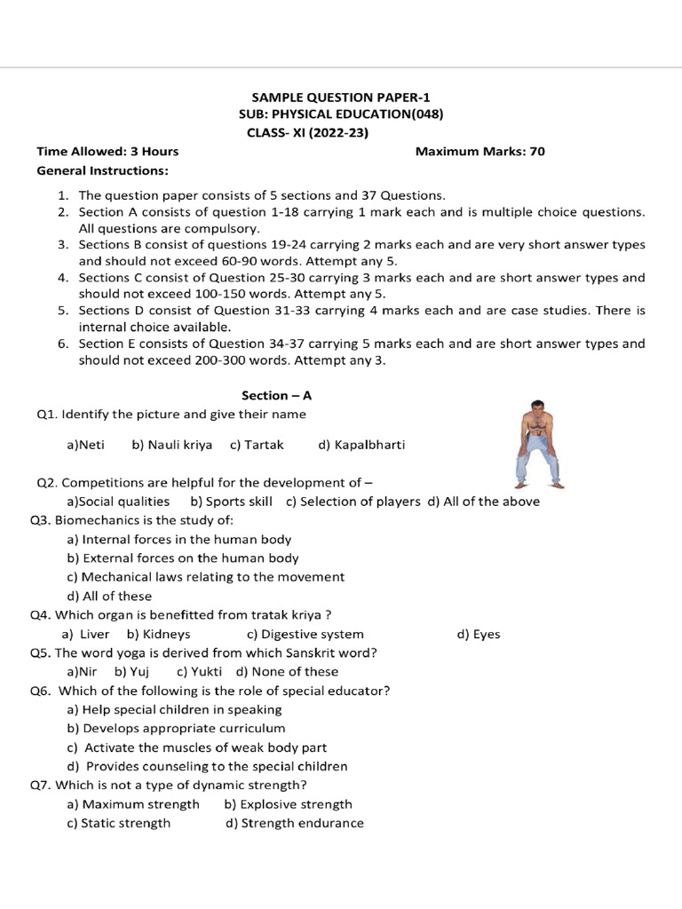 Cbse Grade 11 Physical Education Annual Exam Sample Paper | PDF